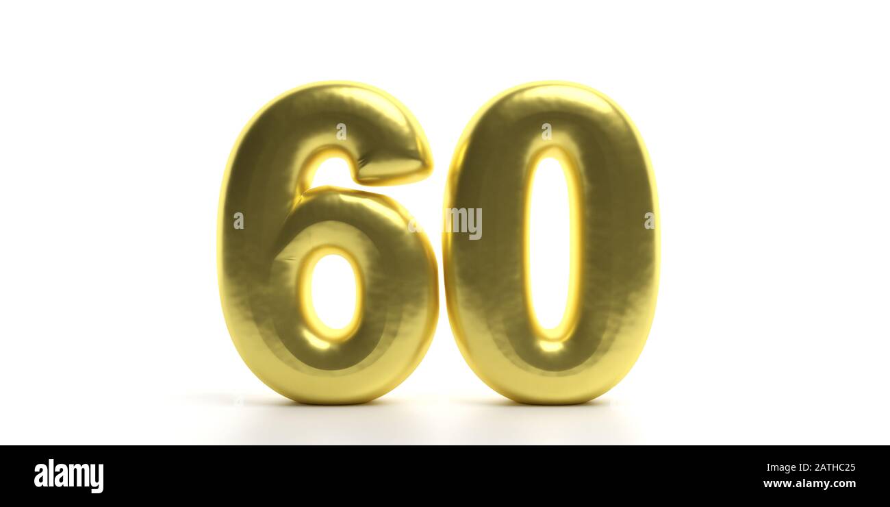 60 Sixty number. Glossy, sparkling and gold color balloon of numeral 60 ...