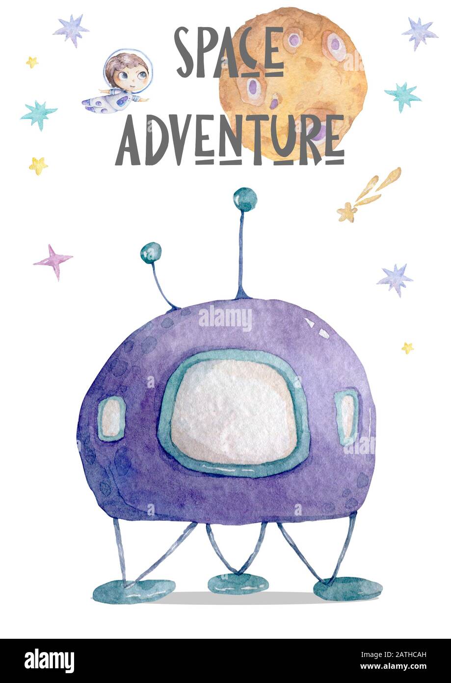 Cute cartoon watercolor rocket icon set on space background. Colorful ...