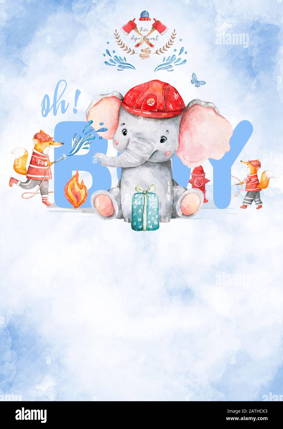 Cute baby elephant with foxes little Firefighters Watercolor hand drawn ...