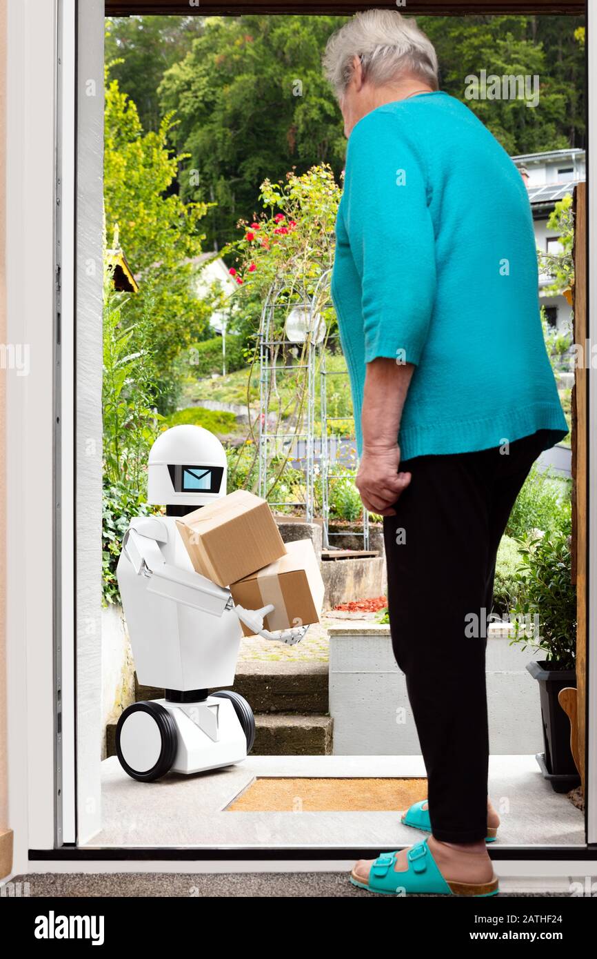 autonomous ai artificial intelligence robot is delivering parcels or ...
