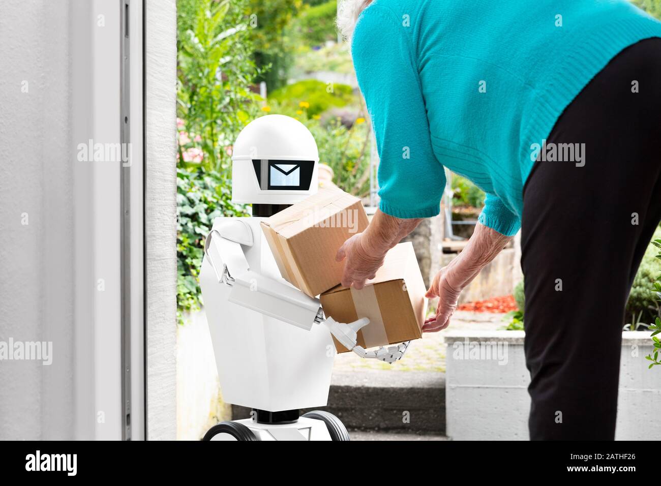 autonomous ai artificial intelligence robot is delivering parcels or ...