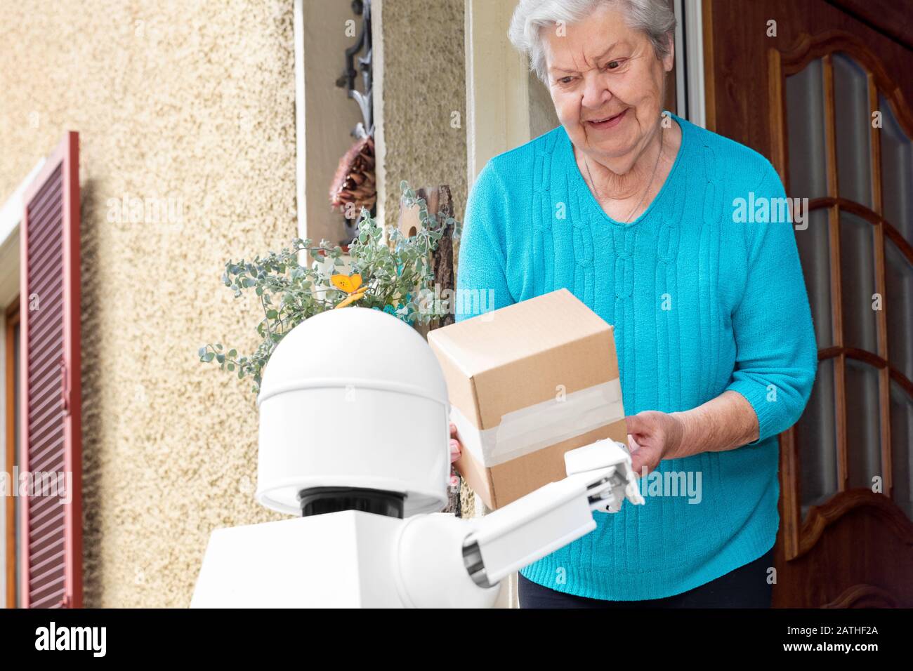 autonomous ai artificial intelligence robot is delivering parcels or ...