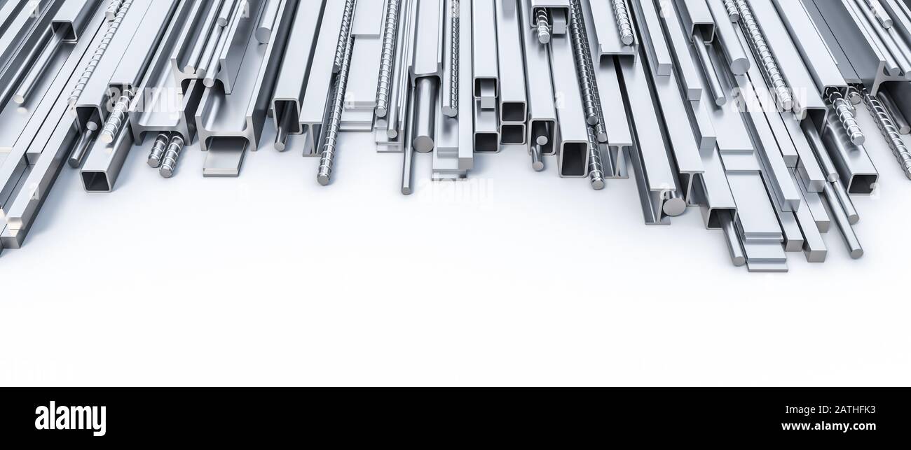 metal profiles of different shapes and sizes on a white background, 3d ...