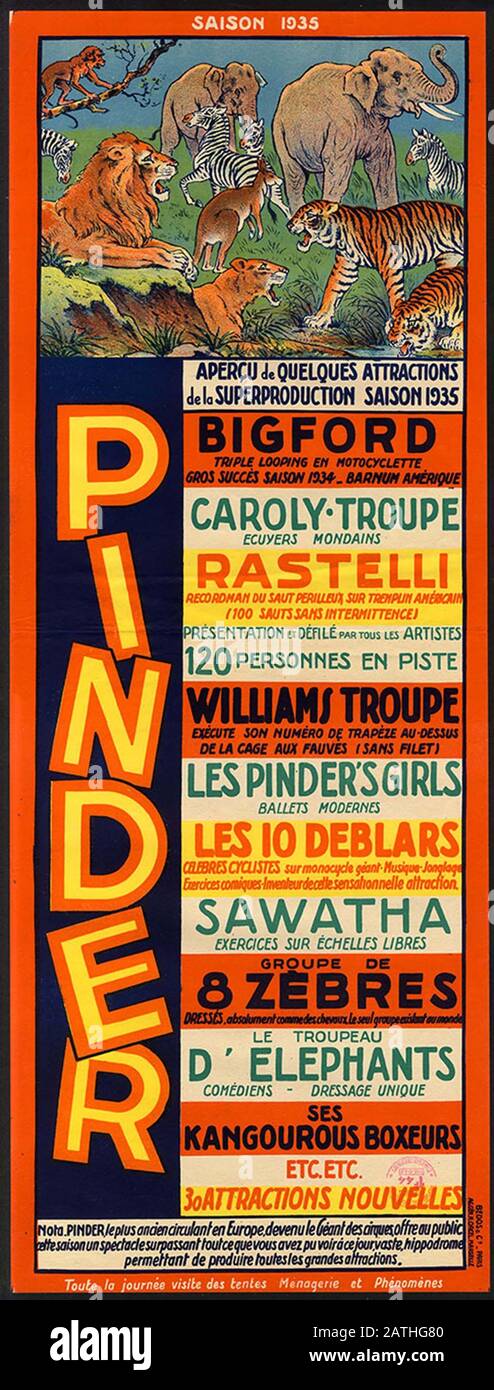 Poster for the French circus 'Cirque Pinder' dated 1935 Stock Photo - Alamy