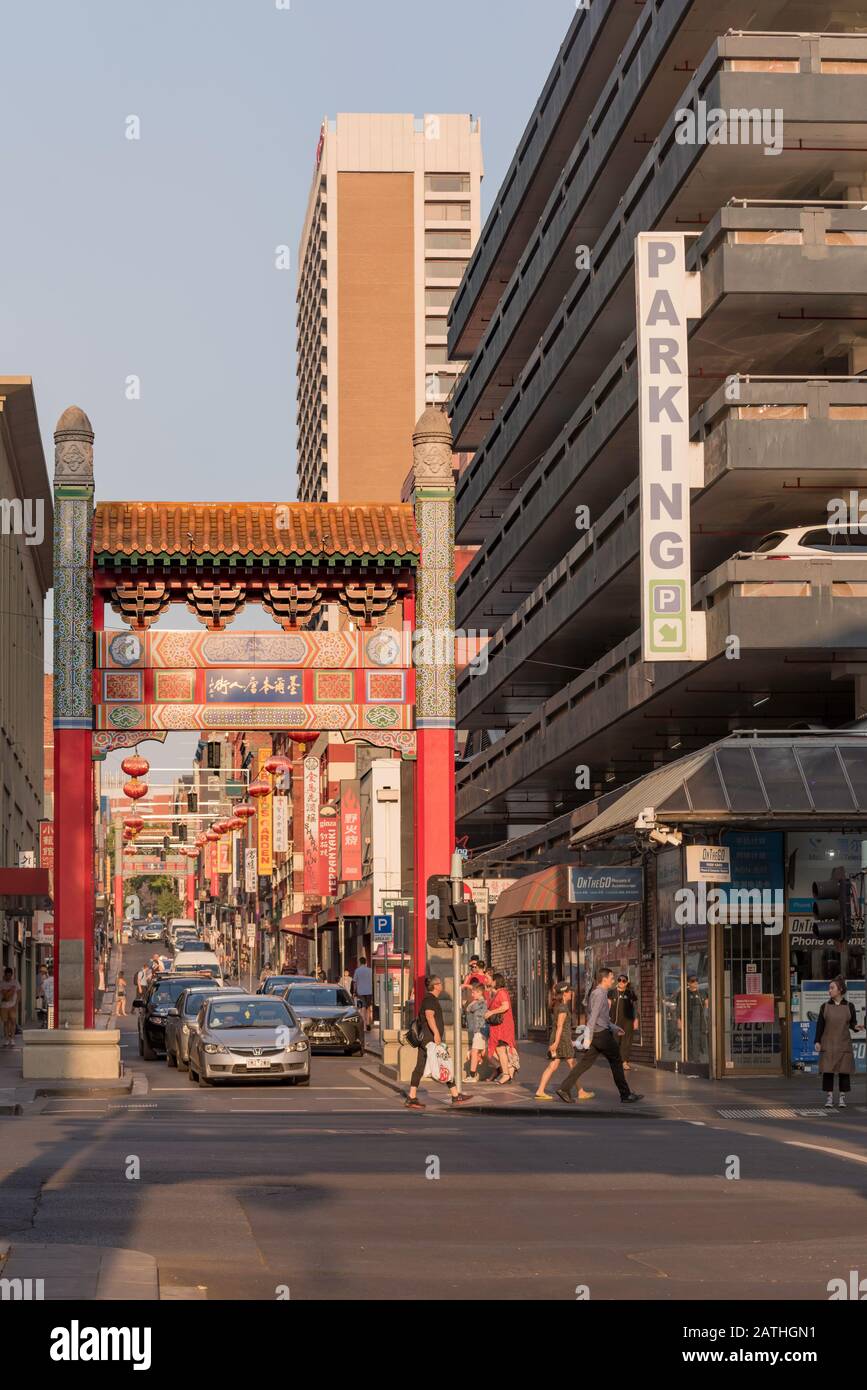 Late afternoon, summer in Melbourne looking up Little Bourke Street and ...