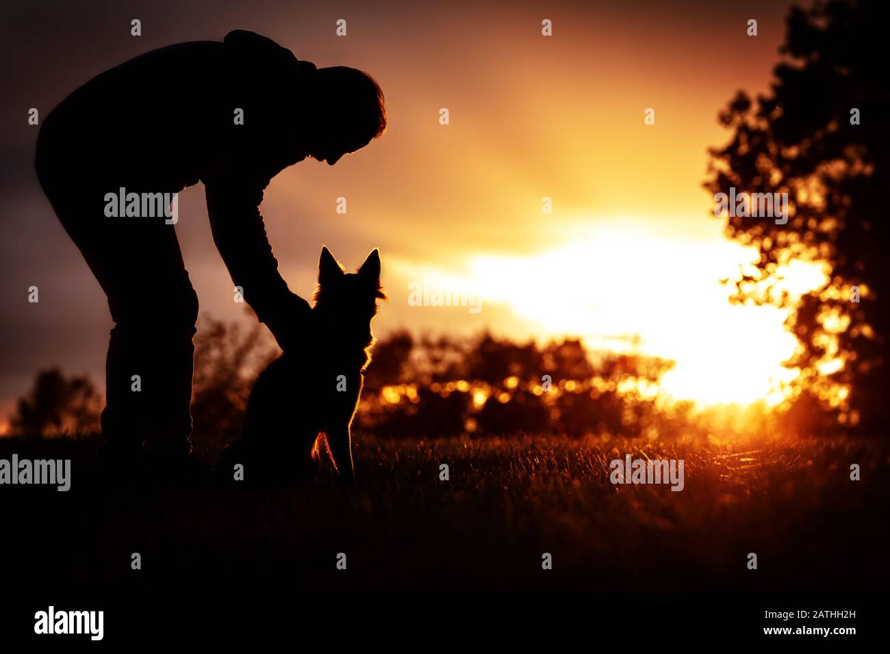 Man and his dog looking to a sunset or sunrise, silhouette and colorful ...