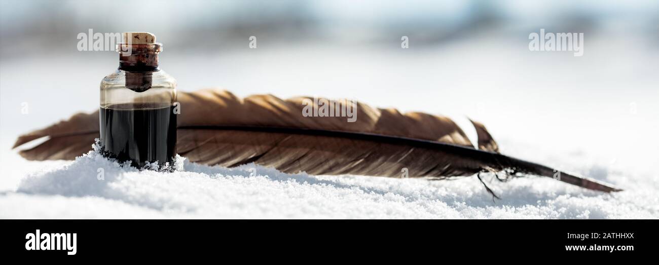 Quill and inkwell in the snow, medieval calligraphy writing implement ...