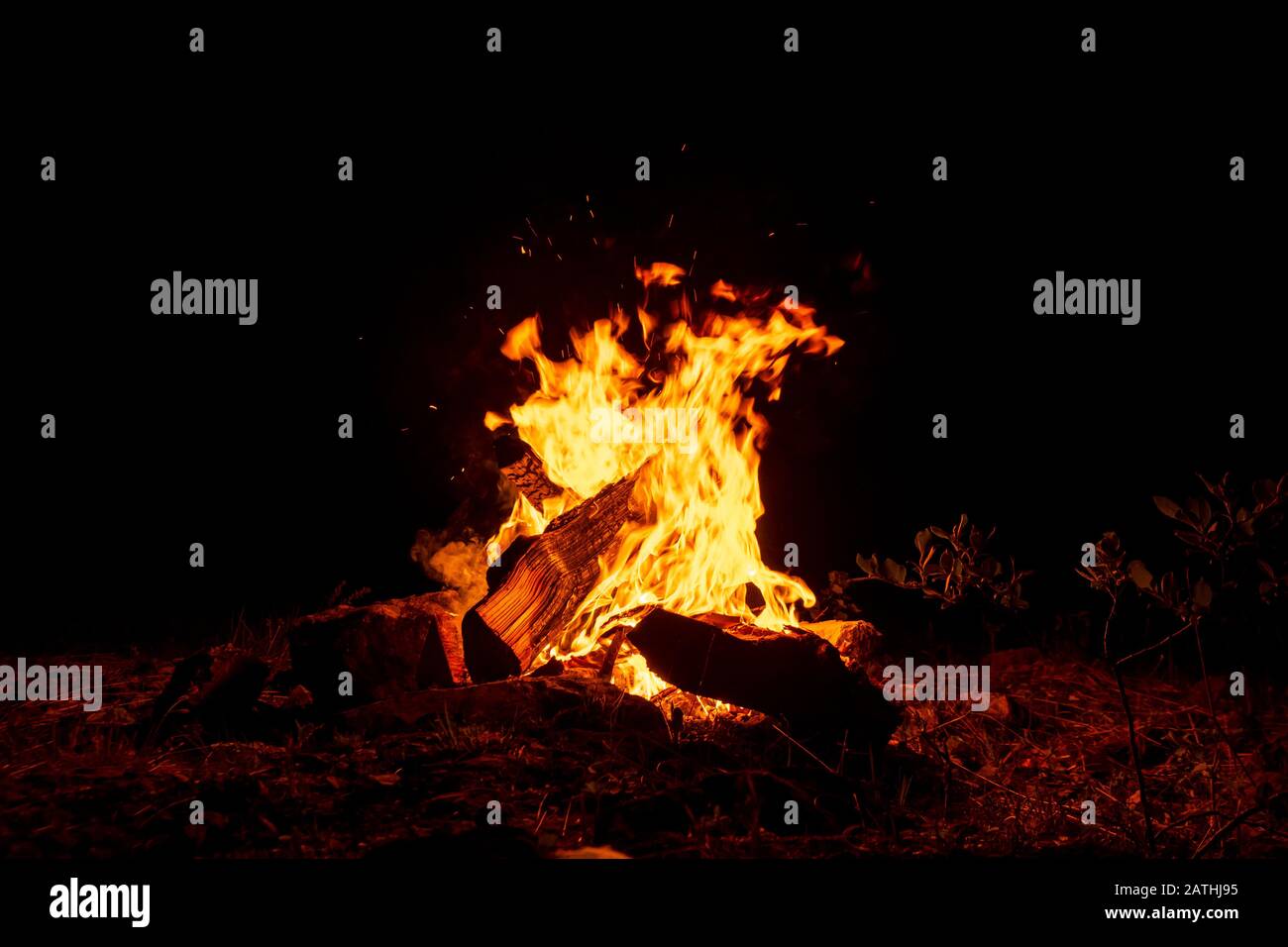Campfire burning at dark night Stock Photo - Alamy