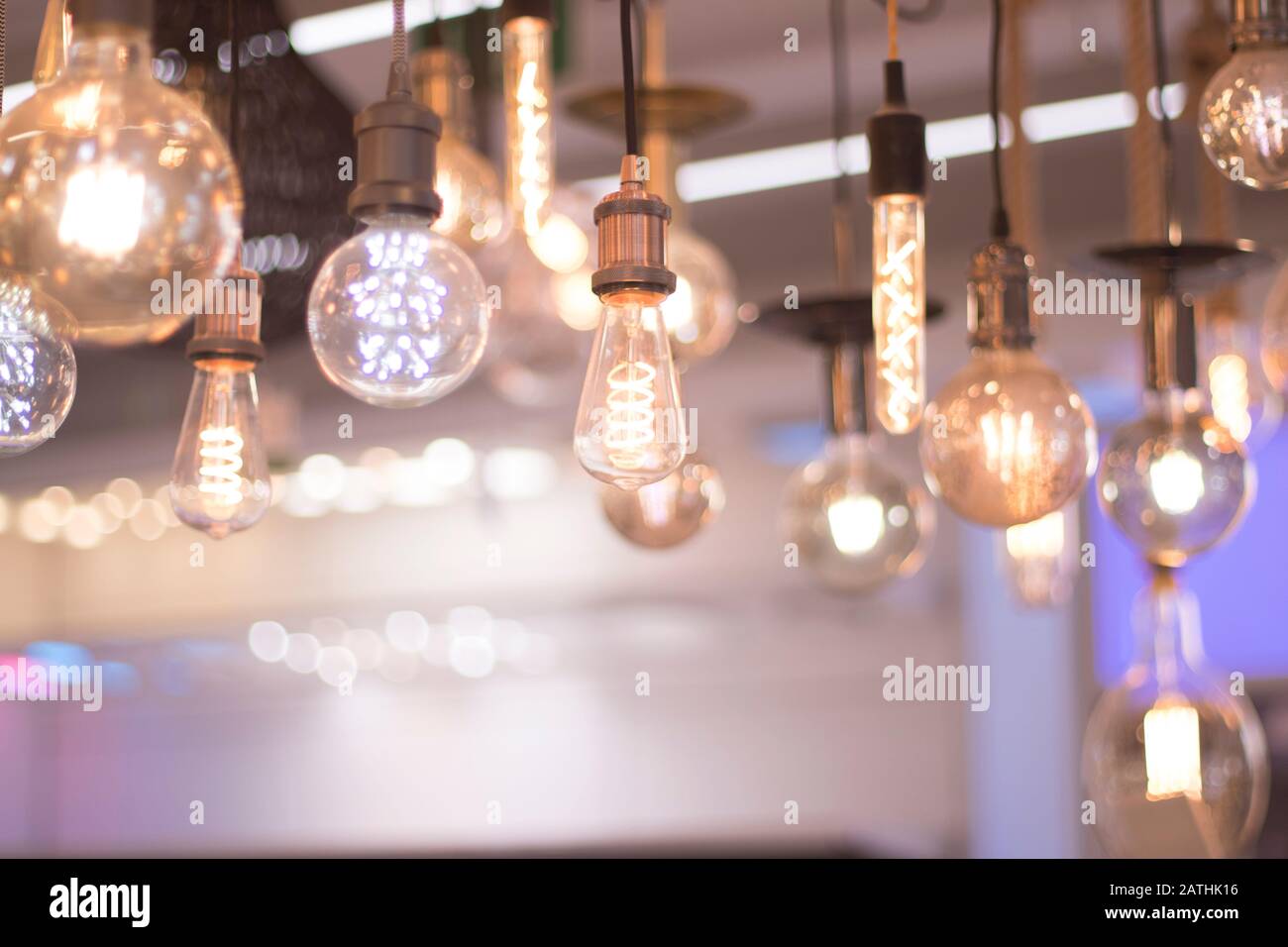 LED modern lights and bulbs on display in store lighting department ...