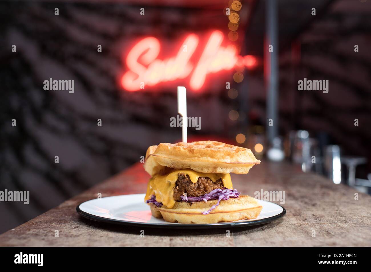 A chicken and cheese waffle sandwich Stock Photo - Alamy