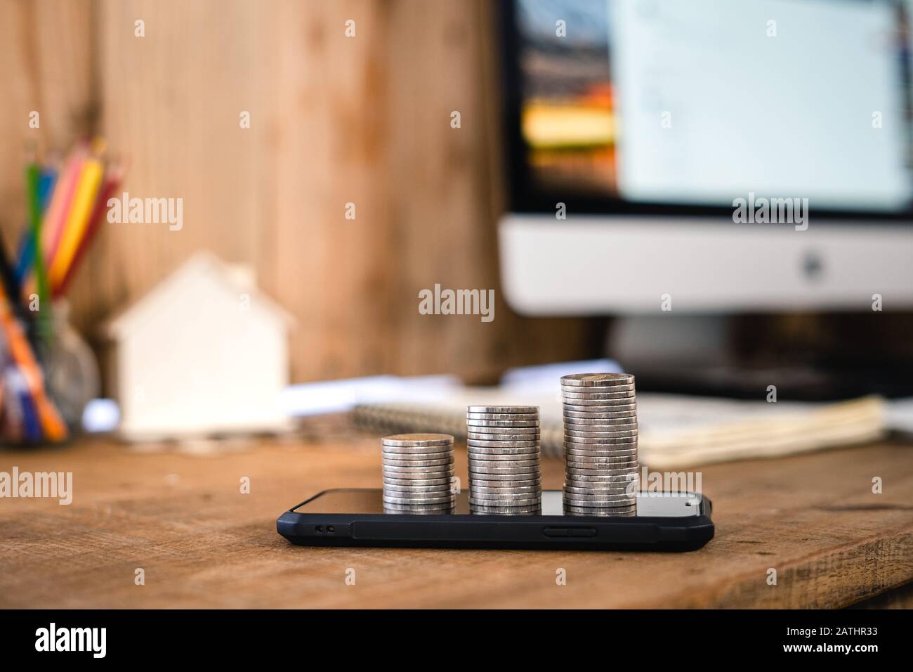 Money growing concept-Money and income graph drawing On Home office ...