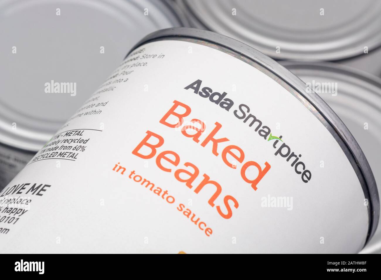 Close up shot of ASDA value baked beans. Common everyday food for many ...
