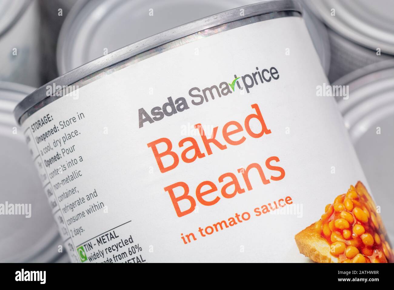 Close up shot of ASDA value baked beans. Common everyday food for many ...