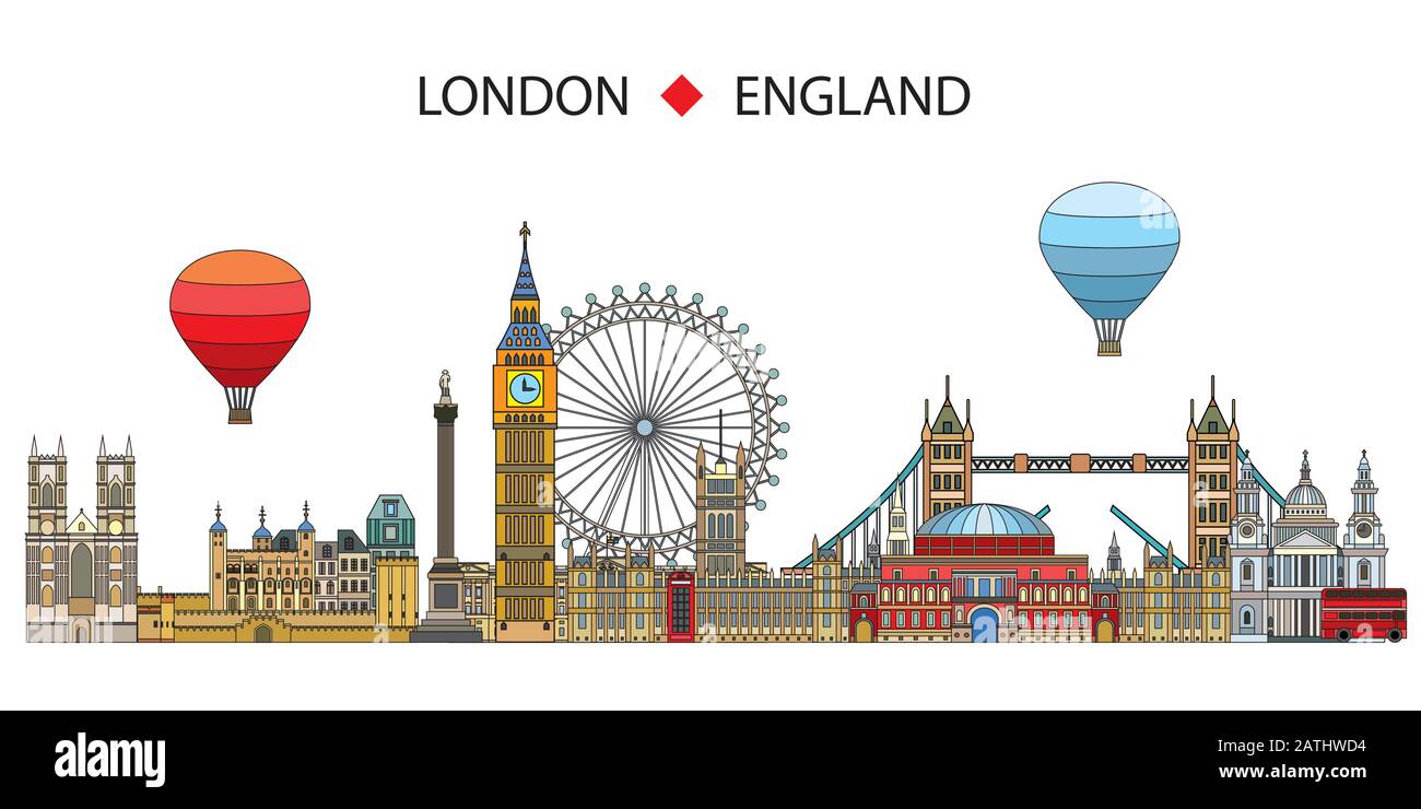 Colorful vector line art illustration of London landmarks isolated on ...
