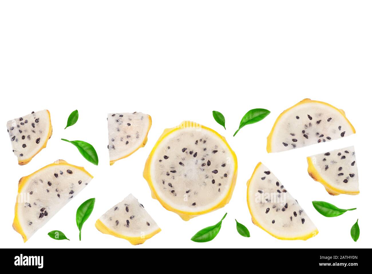 Dragon fruit, Pitaya or Pitahaya yellow with leaf isolated on white ...