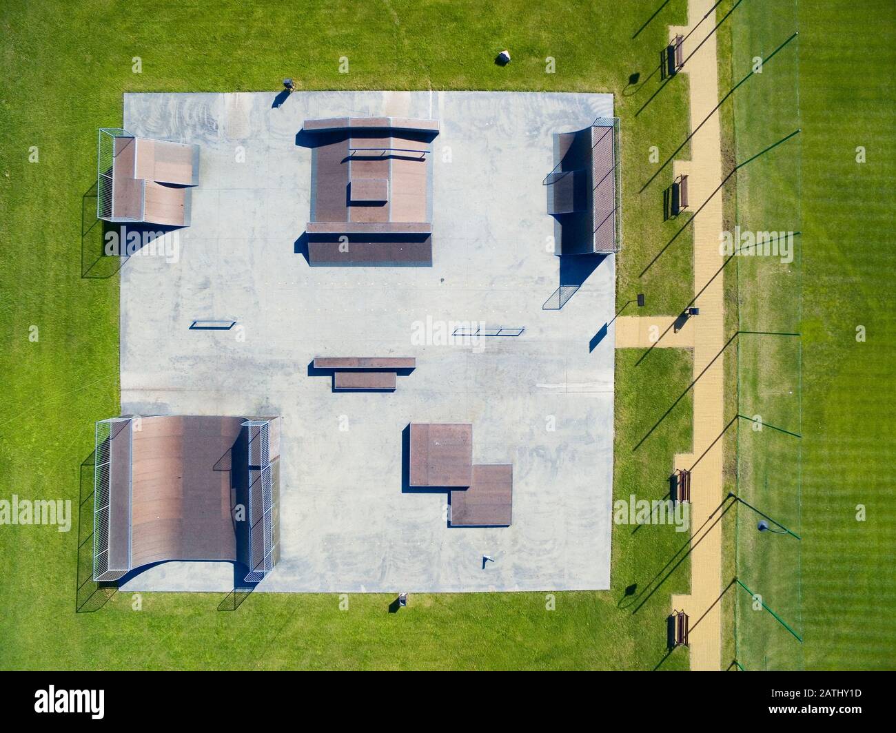 Aerial view of outdoor skatepark with various ramps Stock Photo - Alamy