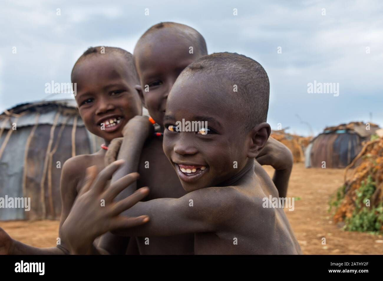 Omorate, Ethiopia - Nov 2018: Dasanech tribe kids playing in the ...