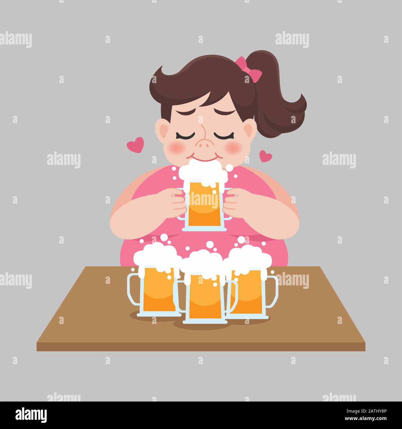 Big Fat women love drinking a mug of beer, Healthcare concept, Vector ...