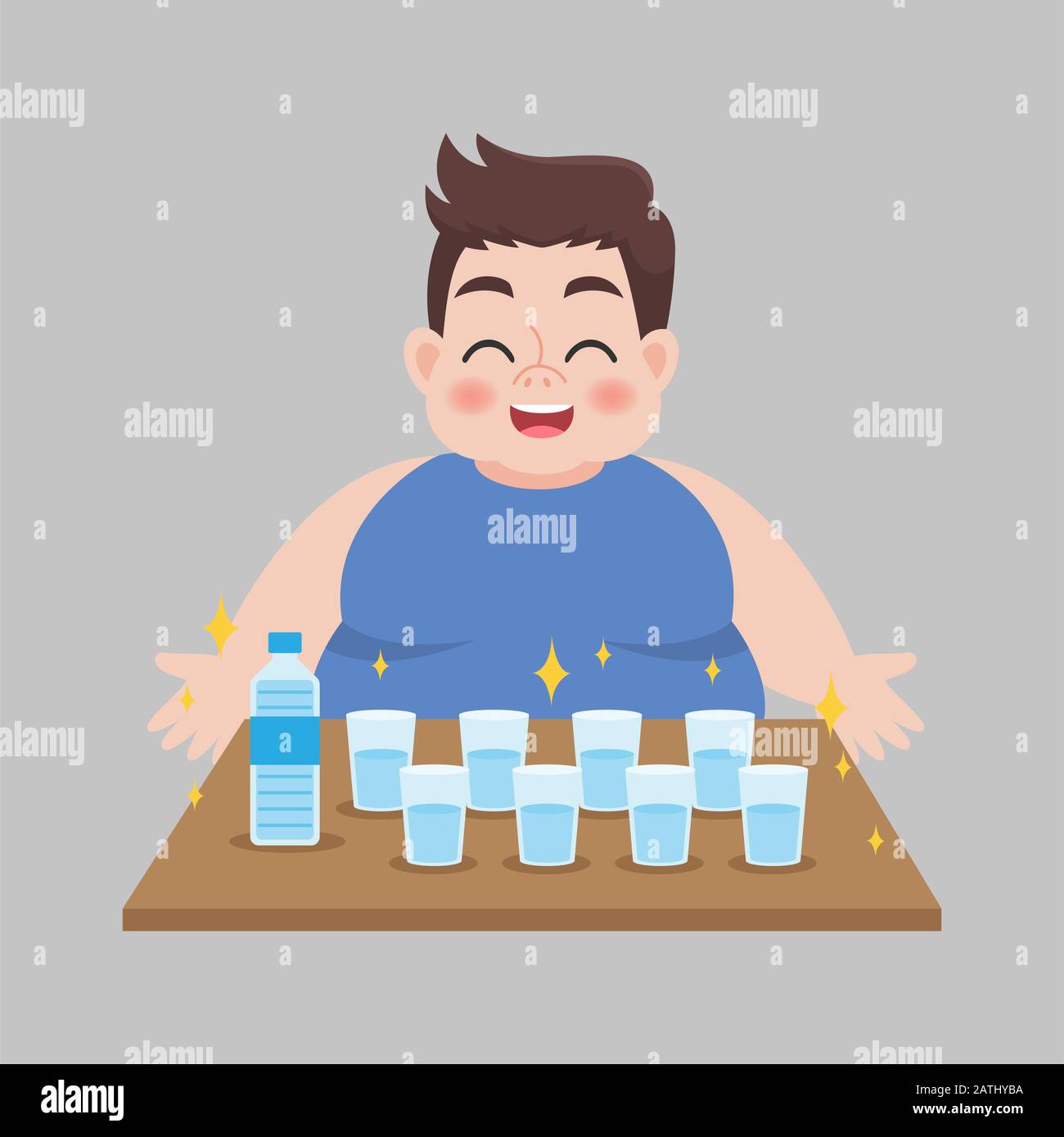 Big Fat Man drinking fresh water, more clean bottle of water, glass ...