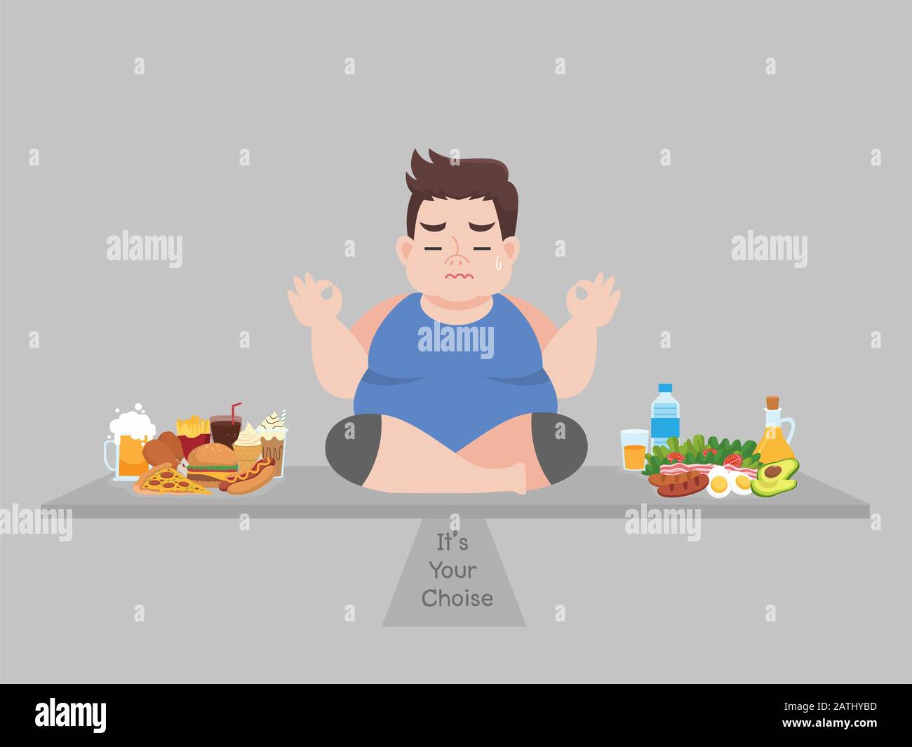 Big fat Man consider to choose between junk food or good food, diet ...
