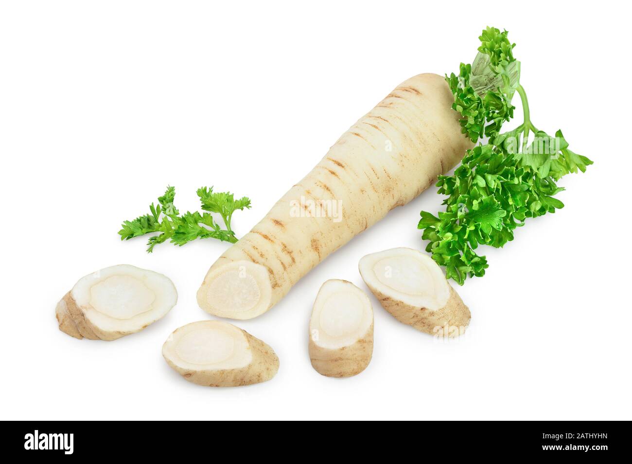 Parsley root with slices and leaves isolated on white background Stock ...