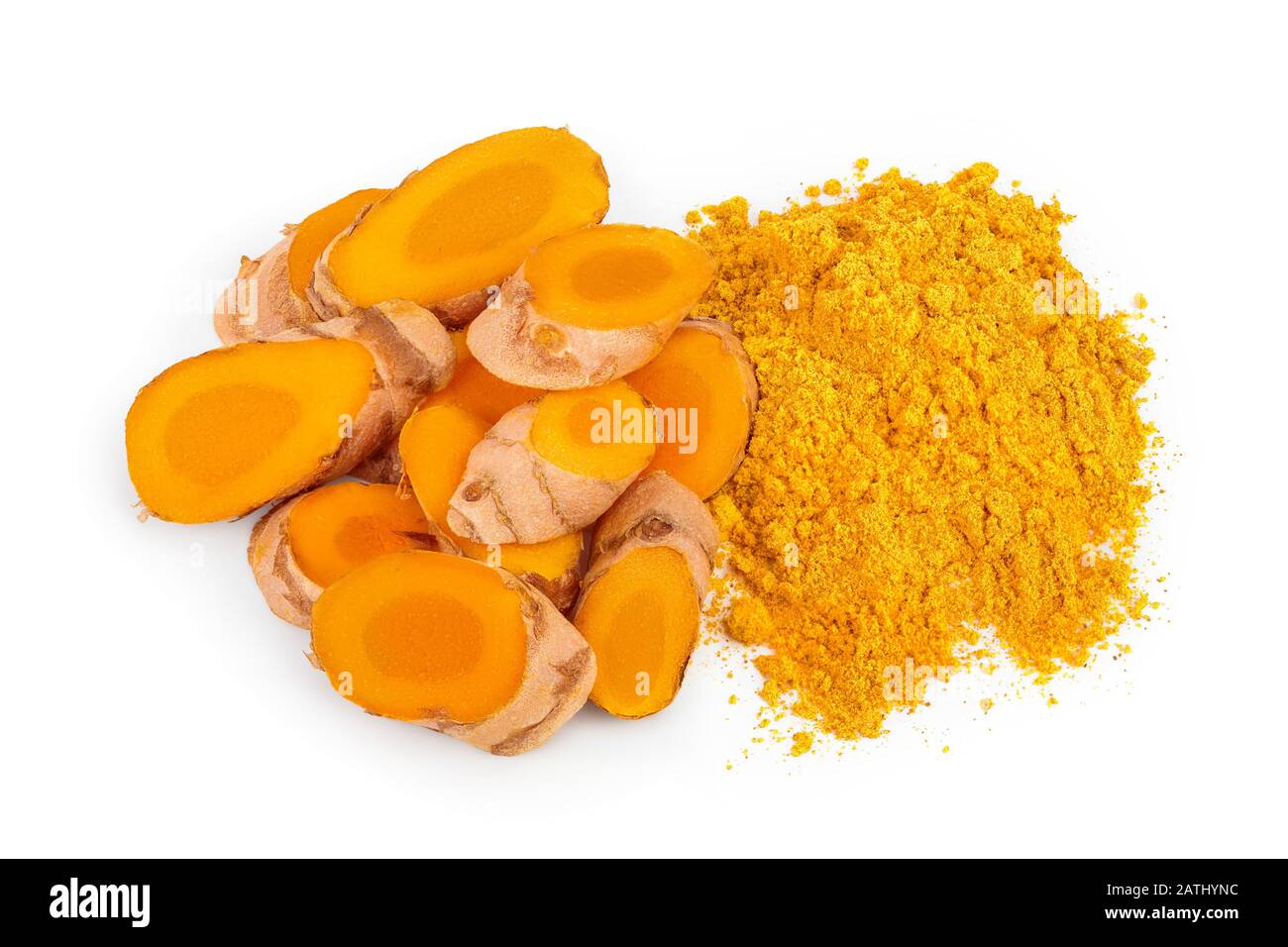 Turmeric powder and turmeric root isolated on white background. Top ...