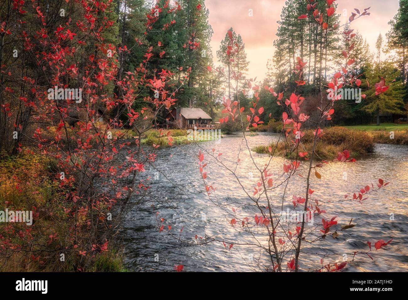 Cabin on Metolius River with fall color, Oregon Stock Photo - Alamy