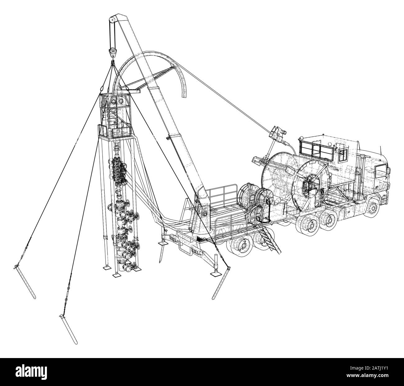 Coil Tubing. Wire-frame line isolated on white. Vector rendering of 3d ...