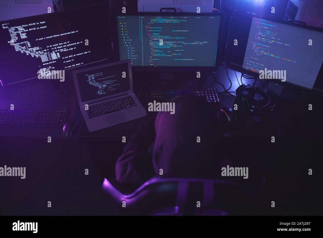 Top View At Unrecognizable Cyber Security Hacker Wearing Hood While Working On Programming Code 5530