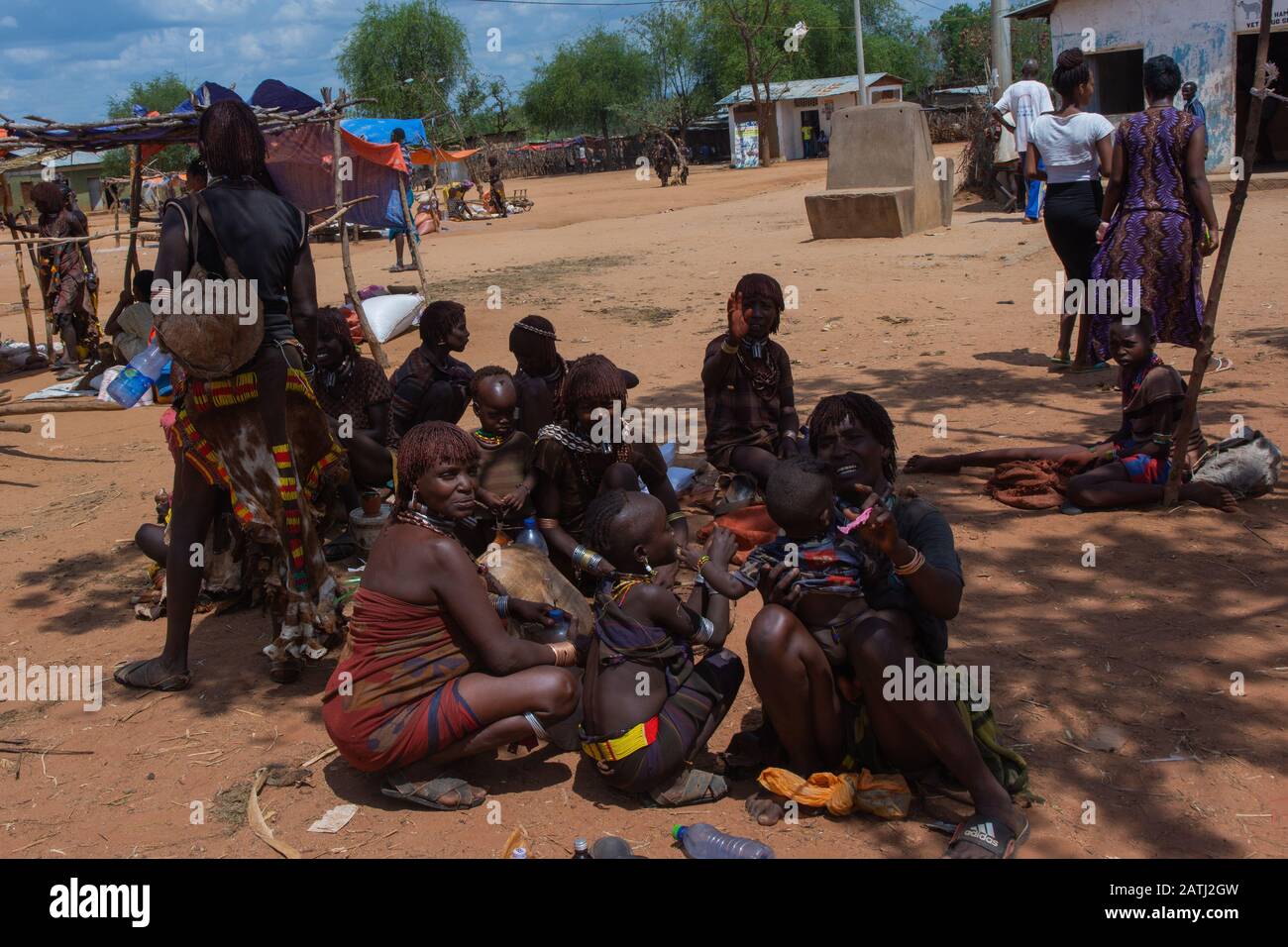 Turmi, Ethiopia - Nov 2018: Local market of Hamer tribe in Turmi ...
