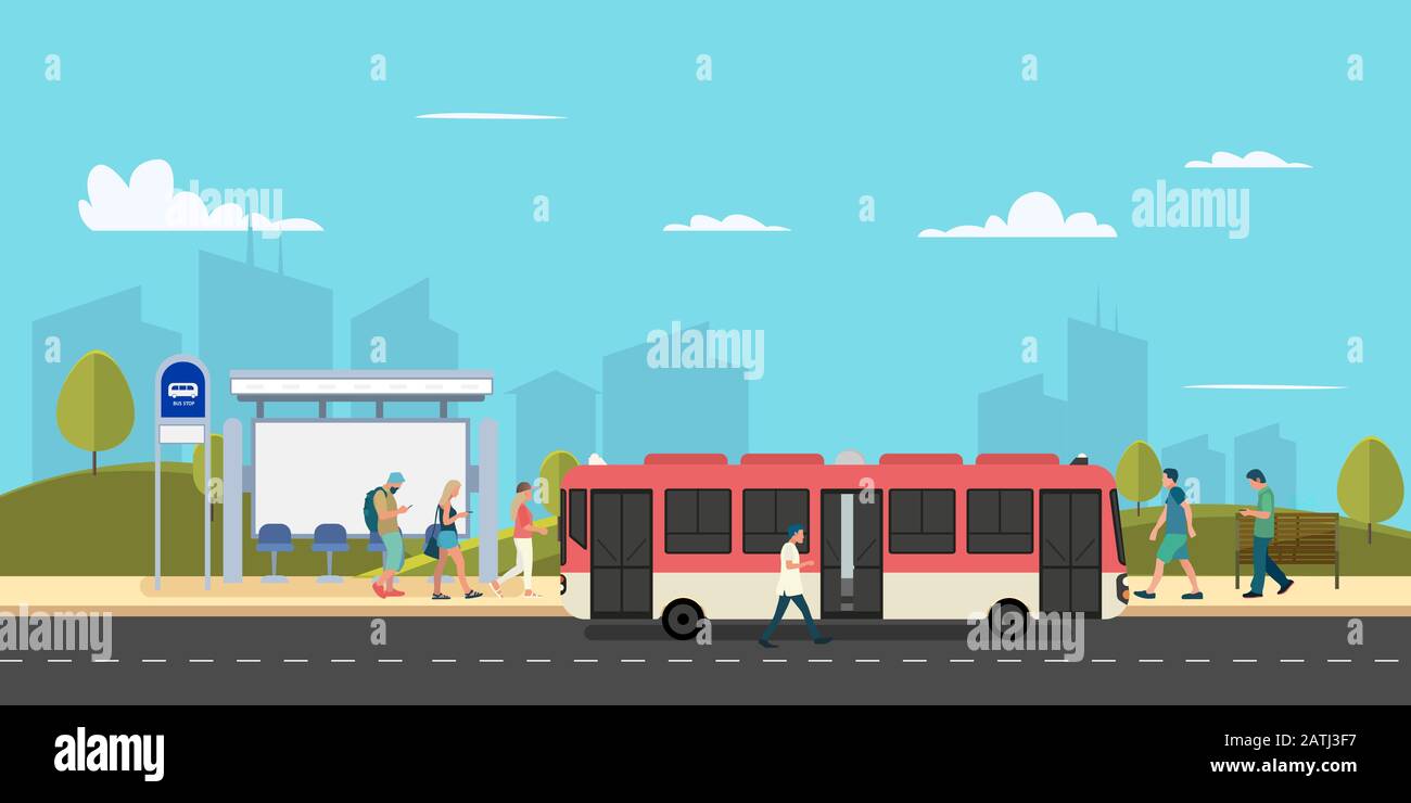 Bus stop of main street city with people walk to red bus.Urban concept ...