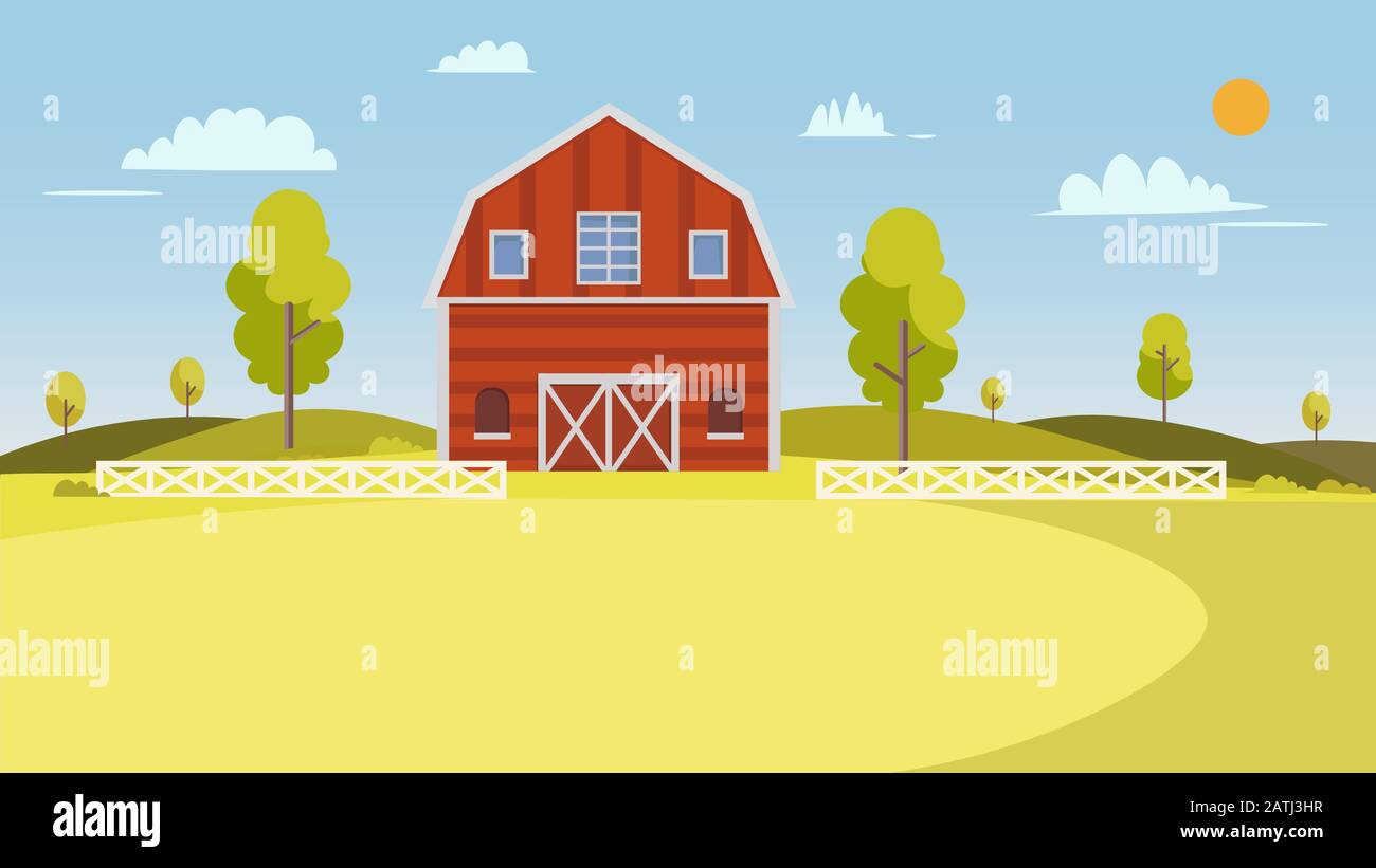 Fresh Farm landscape.Summer farm landscape with trees, clouds and sun ...