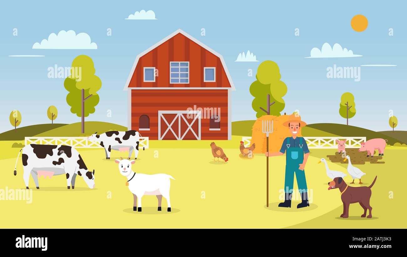 Nature farm with animal in summer.Farm with cows ,hen, goose, duck, pig ...