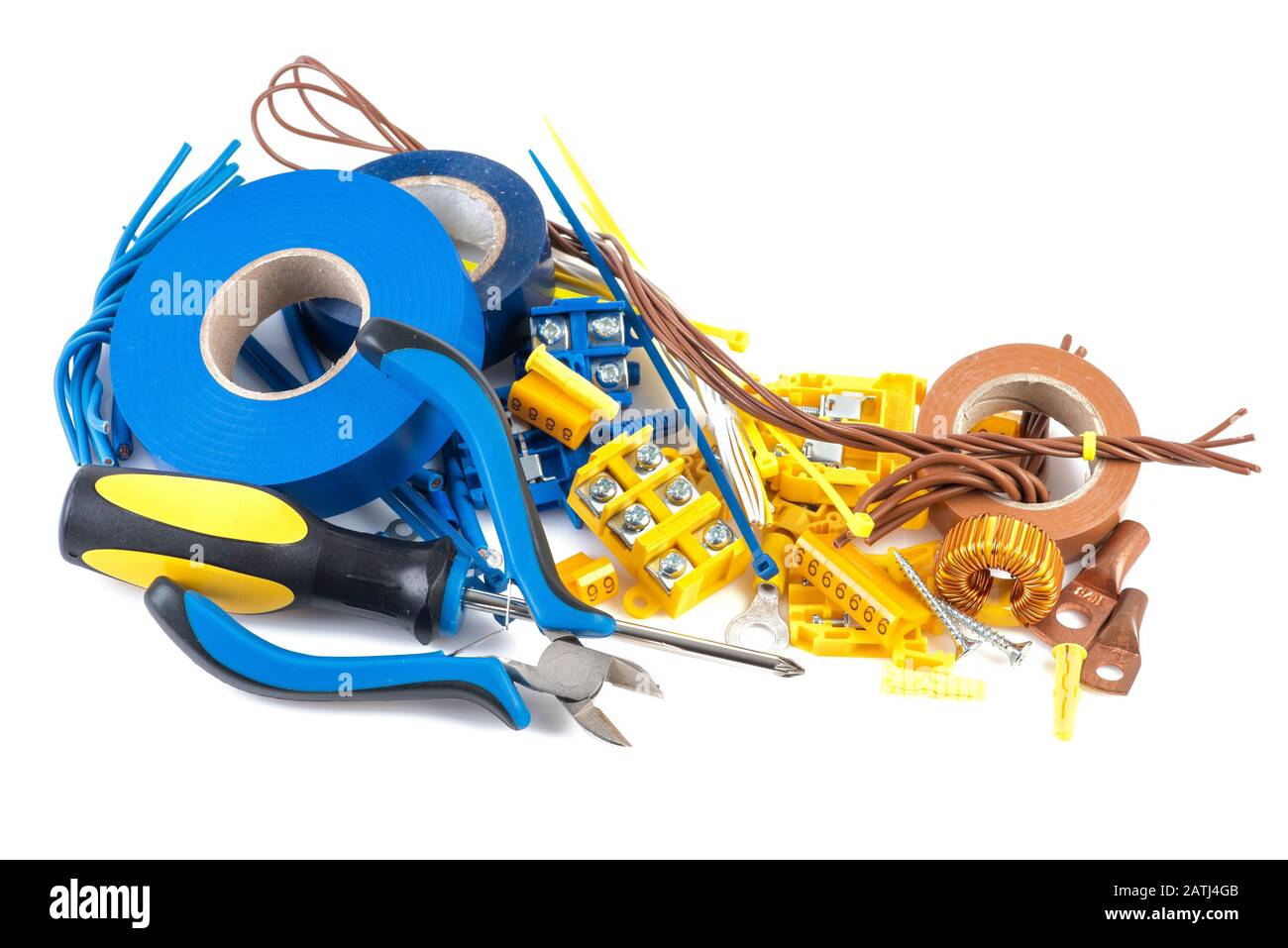 Electrical accessories and hand tools isolated on white background ...