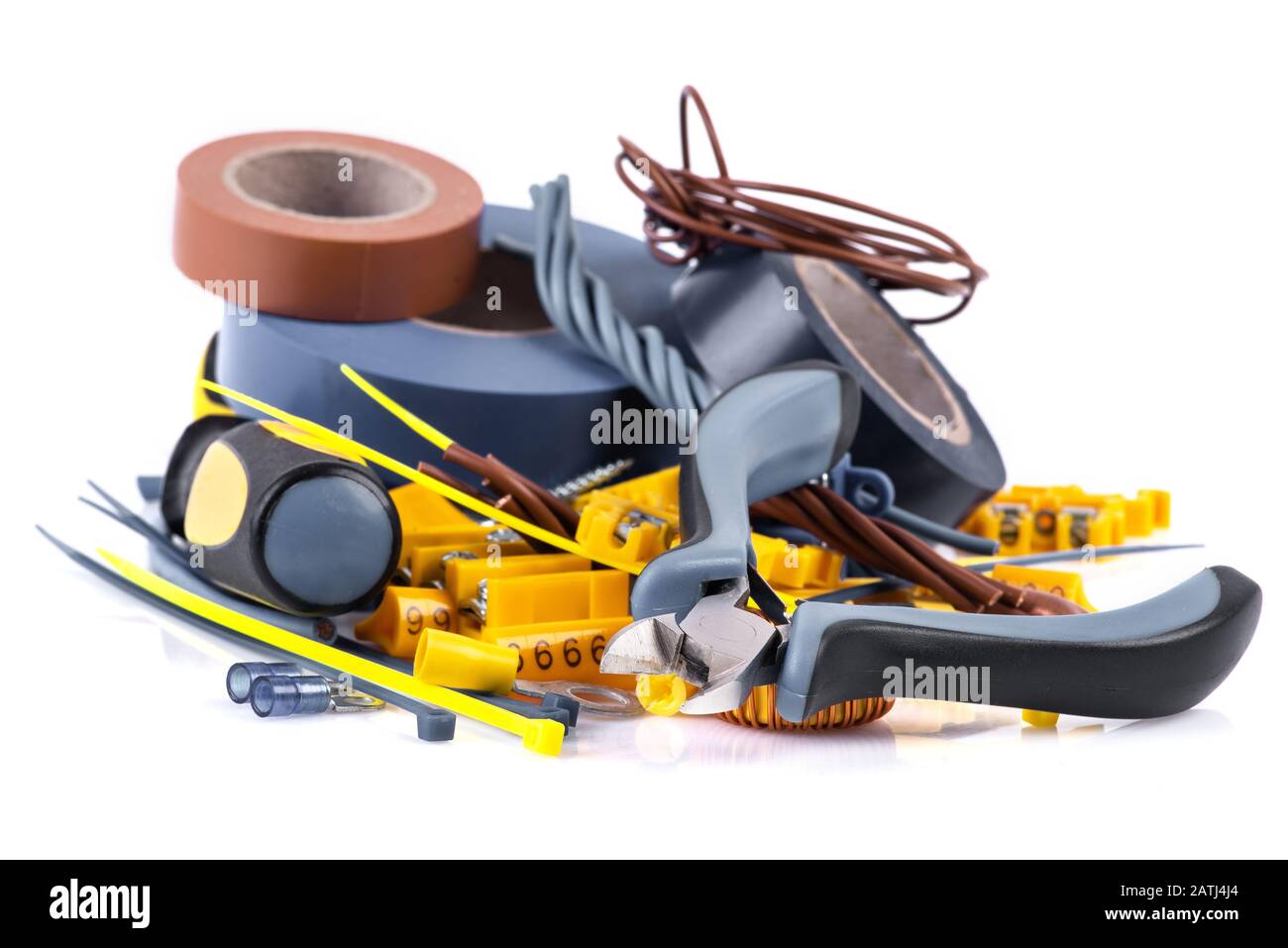 Electrical installation accessories and tools isolated on white ...