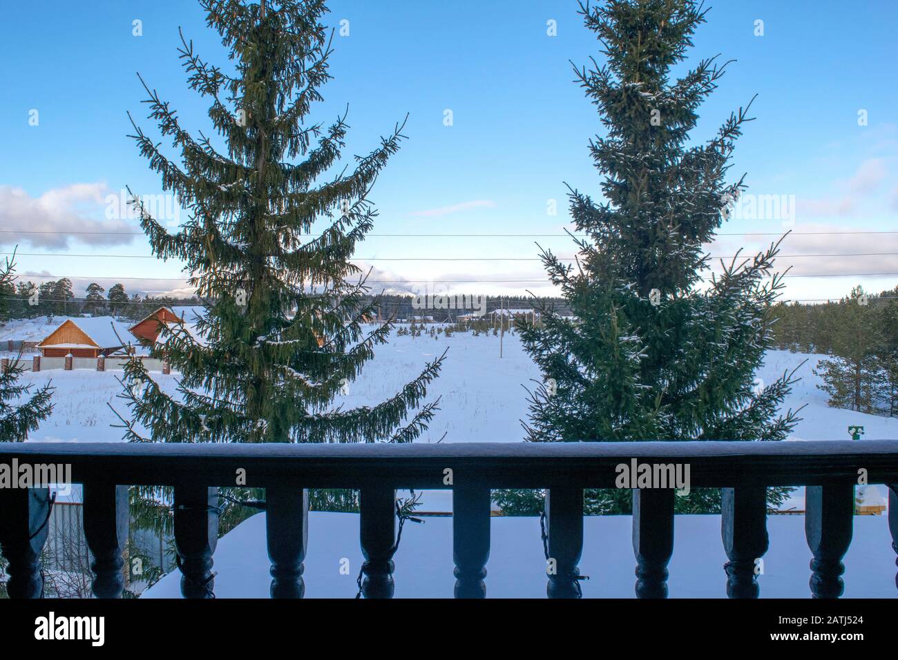 View from balcony of a modern wooden chalet on forest background ...