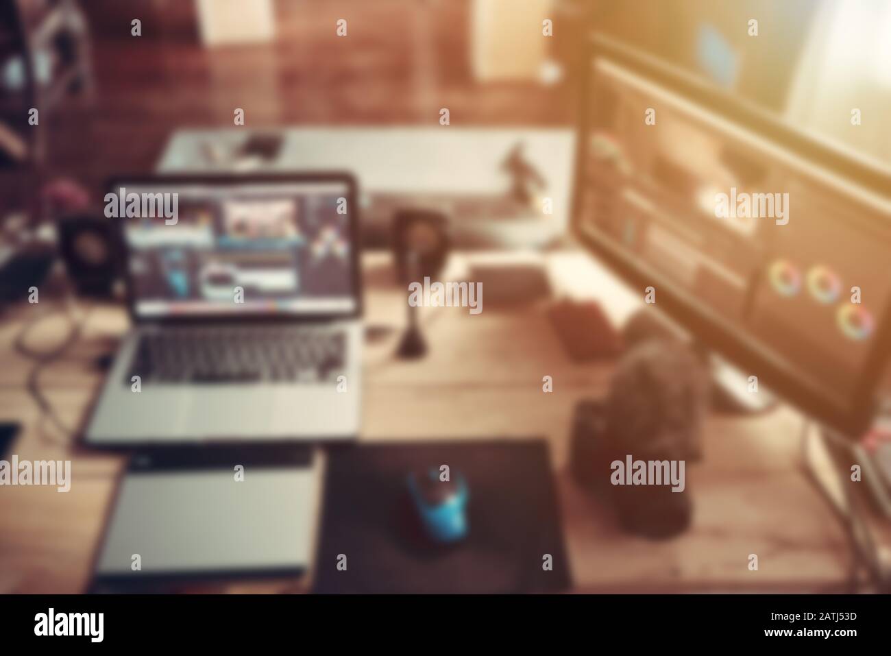 The desk of freelancers and equipment with laptop computer pen mouse ...
