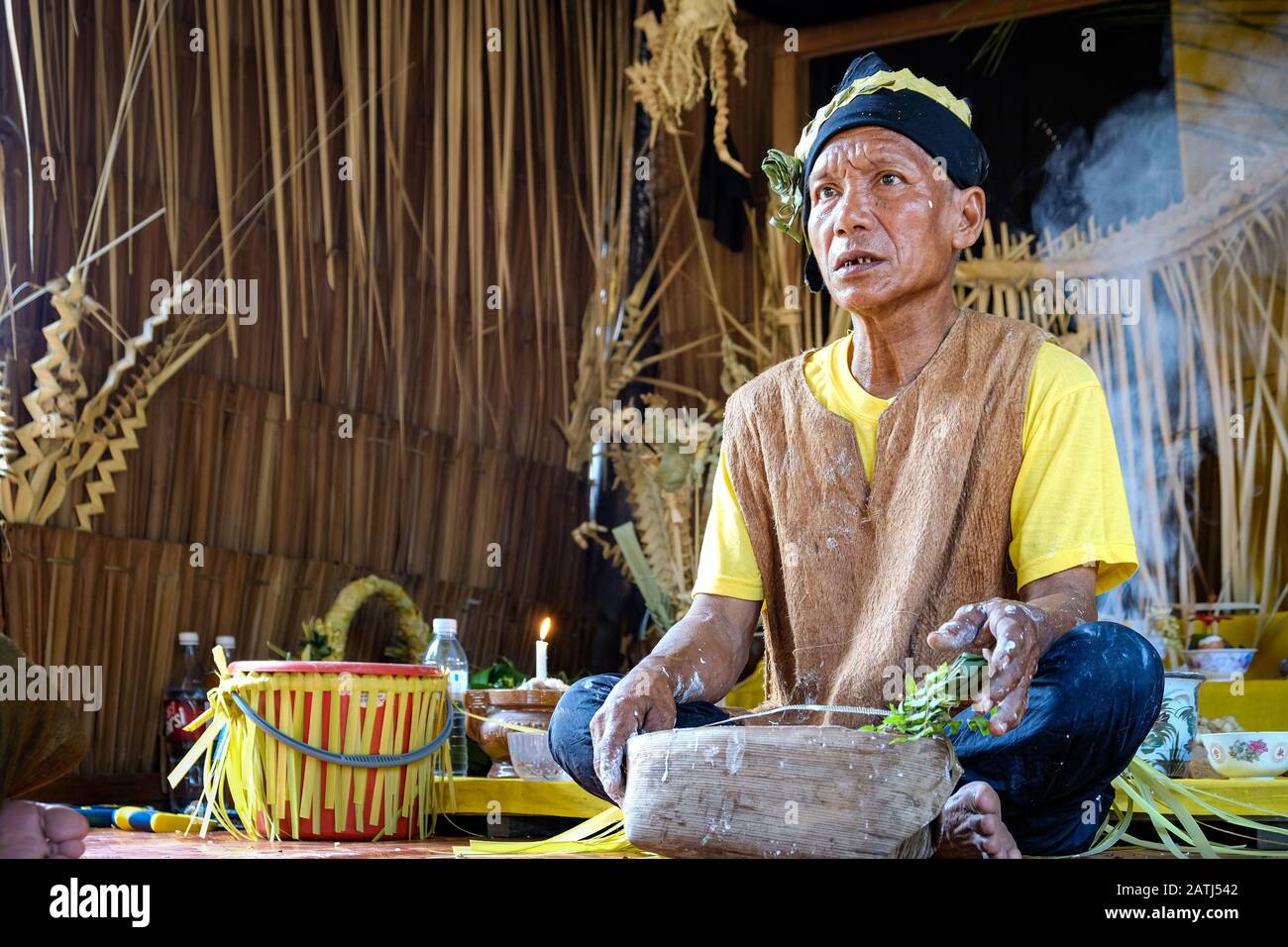 CAREY ISLAND, MALAYSIA - MARCH 17 ,2018 : A shaman of Mah Meri tribe is ...