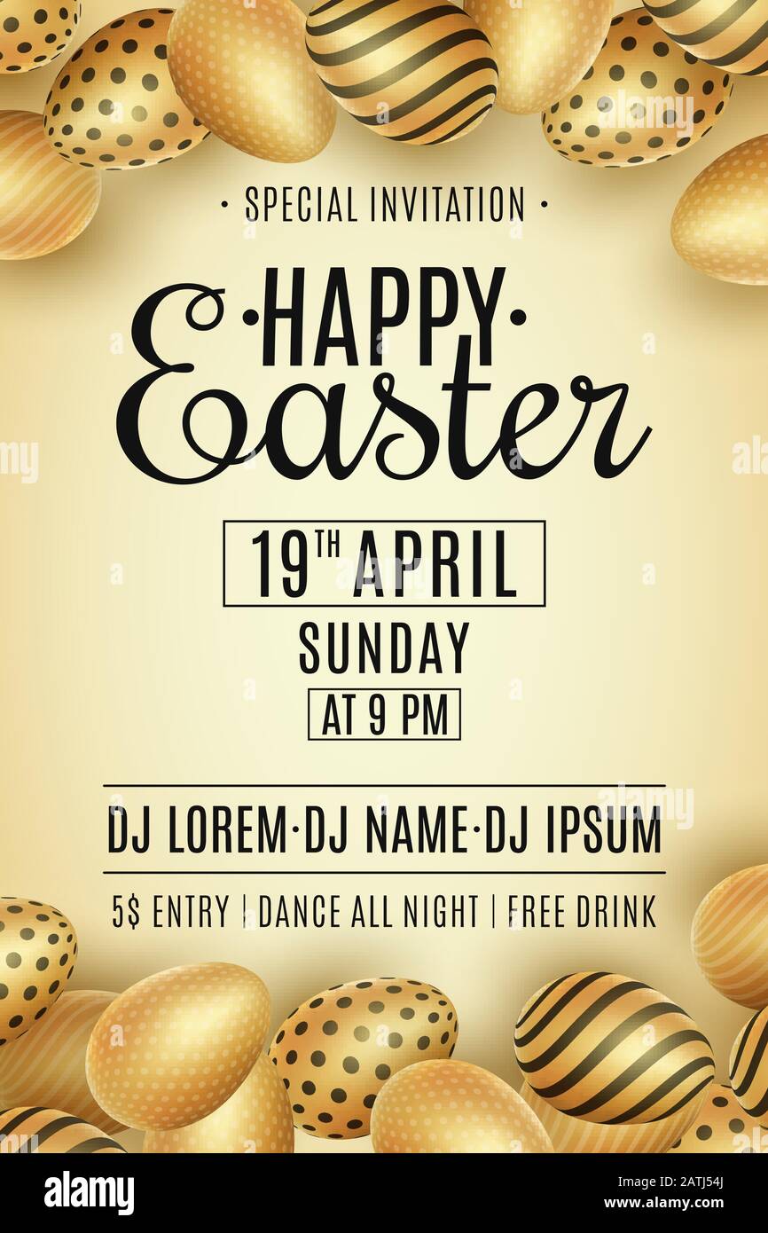 Easter party flyer. Scattered golden eggs with a pattern. DJ and club ...