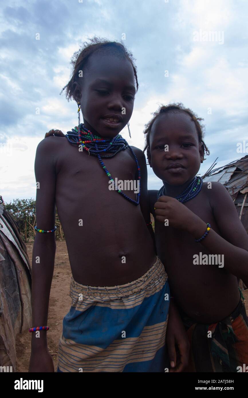 Omorate, Ethiopia - Nov 2018: Dasanech tribe kids playing in the ...