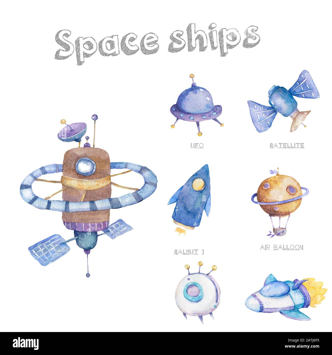 cartoon spaceship set. watercolor illustration on white isolated ...