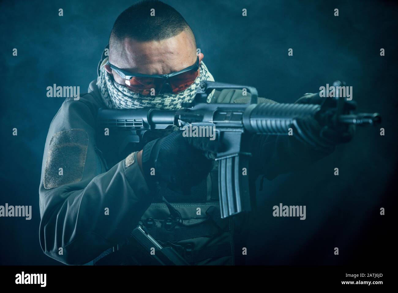 Police special force M4 shooting gun action black isolate background ...