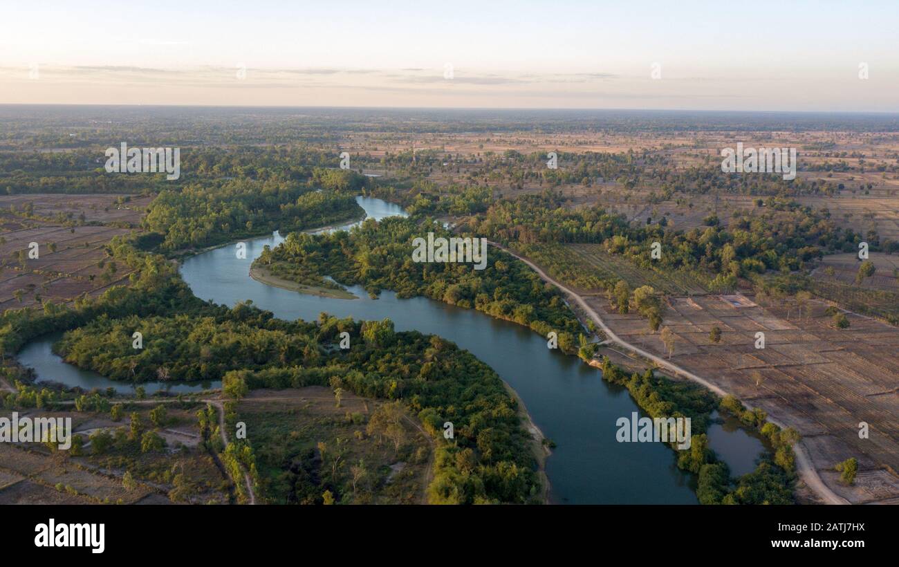 Aerial view sunset and the curve river this landscape in Thailand Stock ...