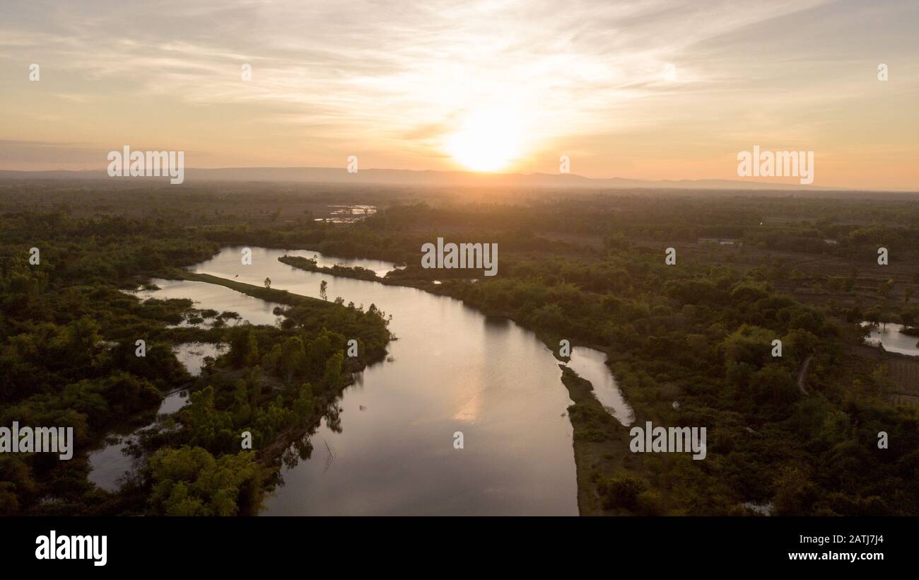 Beautiful aerial view sunset and the curve river Stock Photo - Alamy