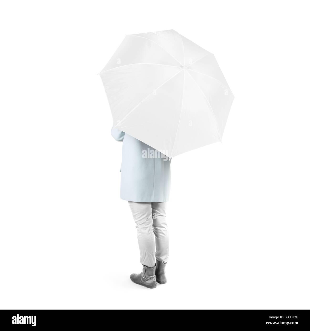 Women stand backwards with white blank umbrella opened mockup isolated ...