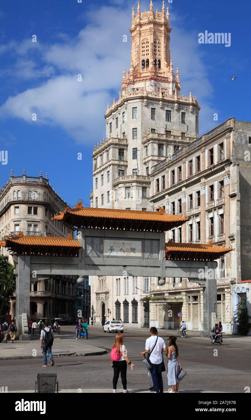 Cuba, Havana, Chinatown, gate, historic architecture, street scene ...