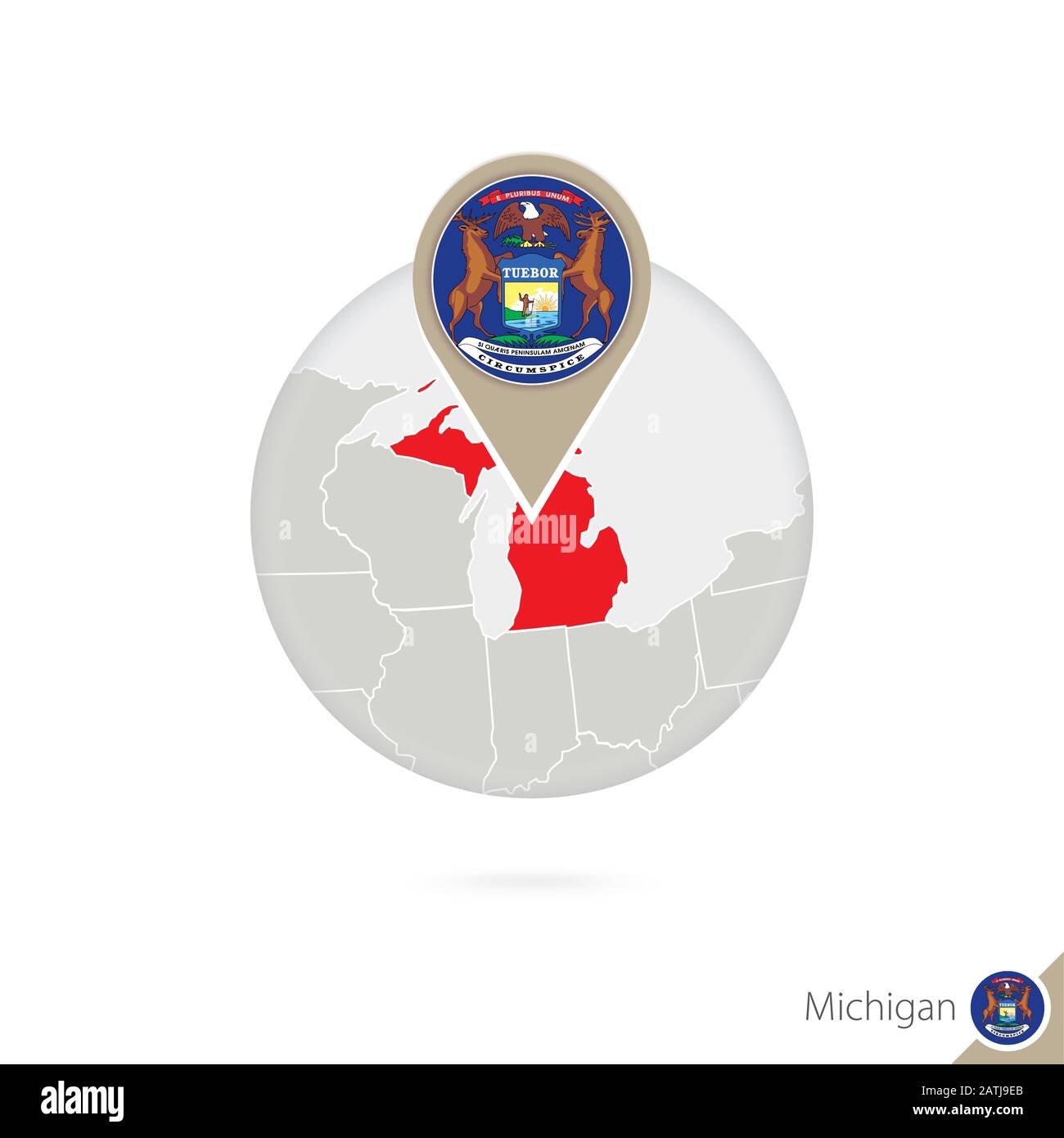 Michigan US State map and flag in circle. Map of Michigan, Michigan ...