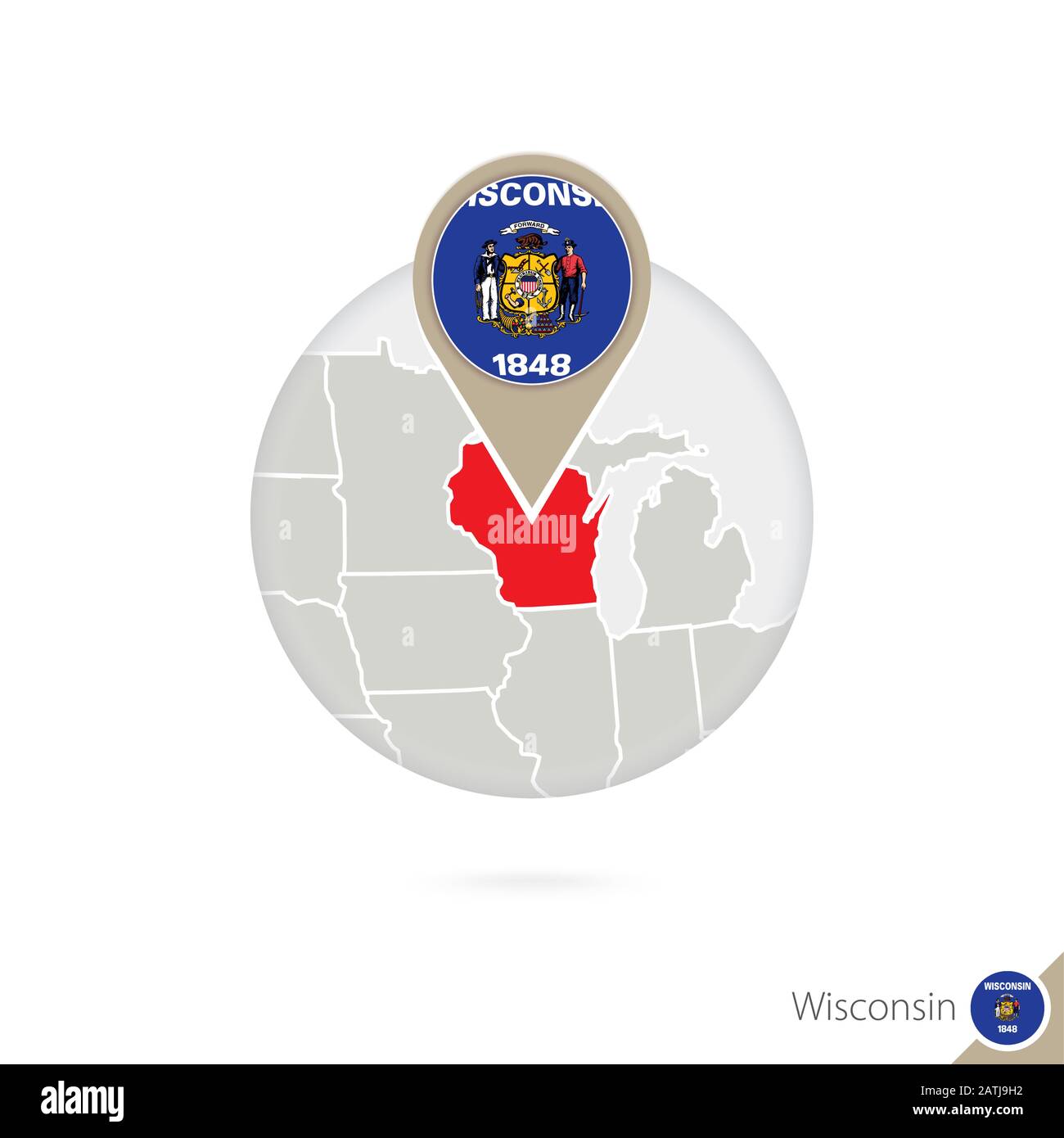Wisconsin US State map and flag in circle. Map of Wisconsin, Wisconsin ...
