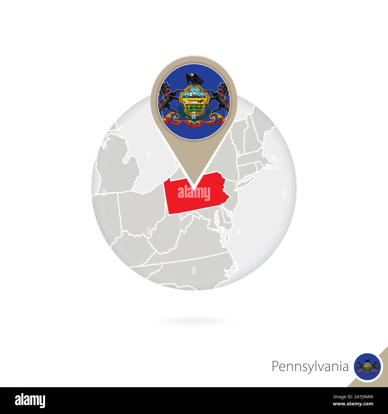 Pennsylvania US State map and flag in circle. Map of Pennsylvania ...