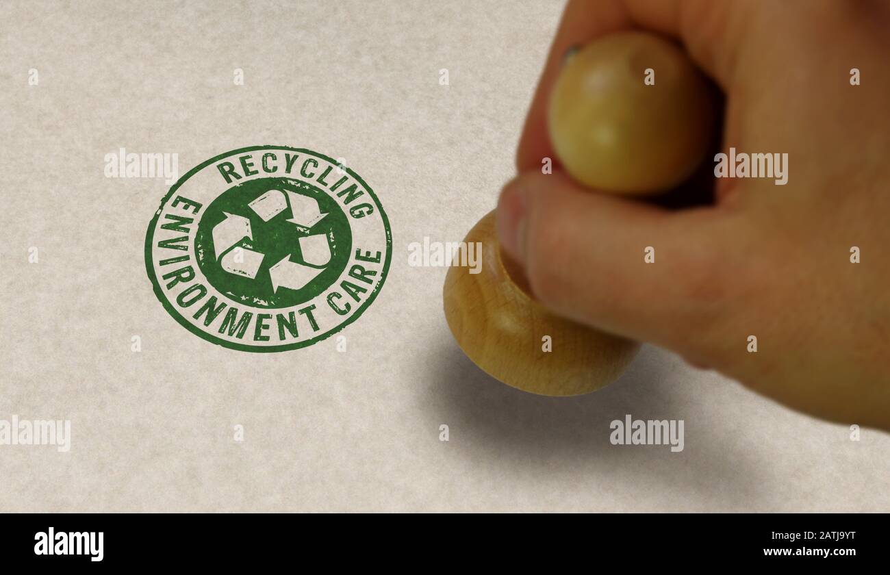 Recycling stamp and stamping hand. Recycle symbol, arrows, recyclable ...